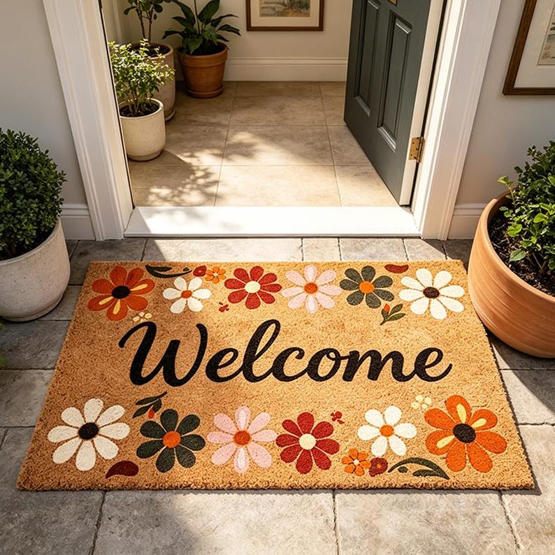 Welcome Retro Floral Door Mat,70s Groovy Flower Welcome Mat,colorful ...