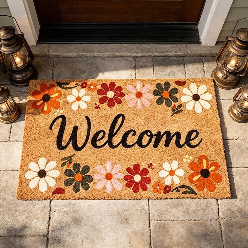 Welcome Retro Floral Door Mat,70s Groovy Flower Welcome Mat,colorful ...