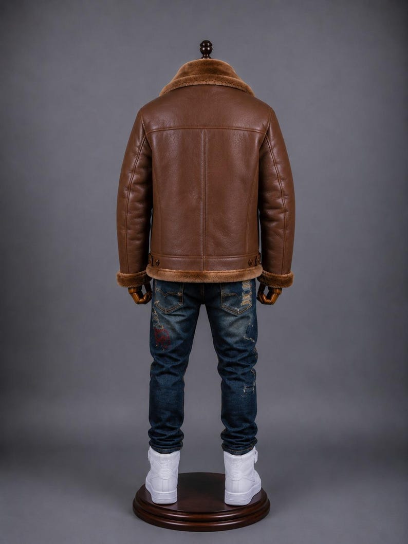Men's Brown Genuine Sheepskin Shearling Leather Coat, Handmade Winter ...