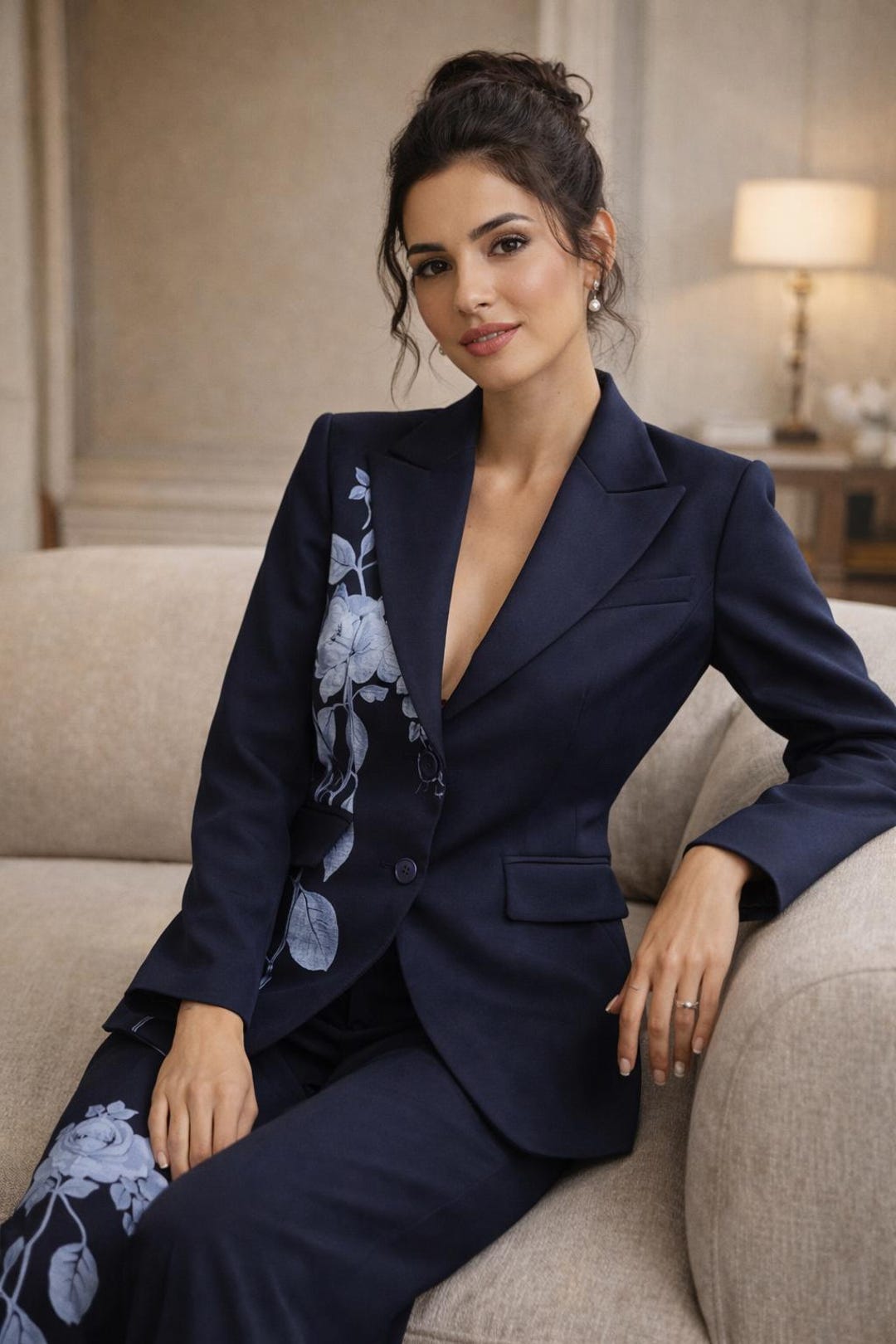Navy Blue Suit Set Women, Elegant Blazer Pants Set, Embroidered Suit ...