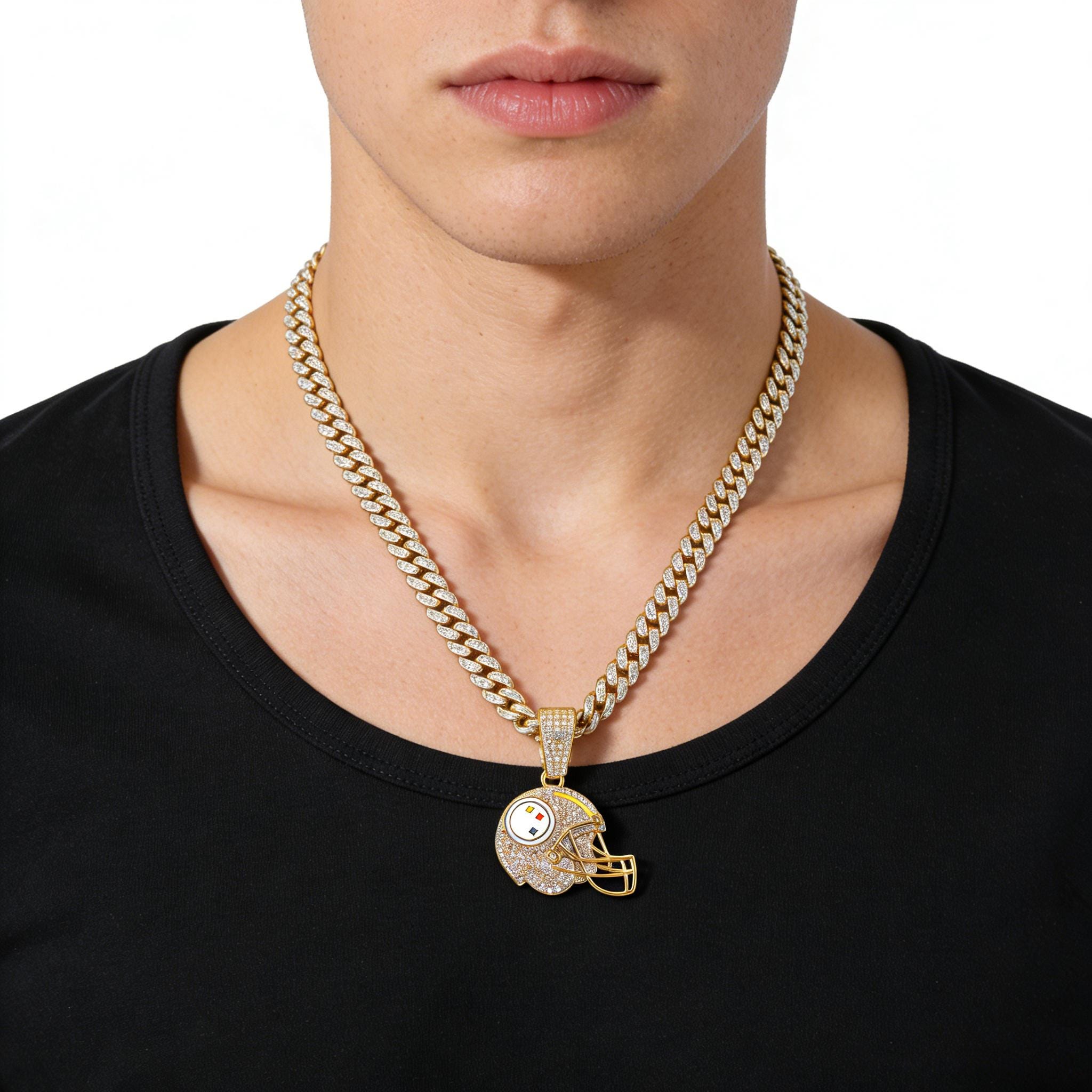 Rhinestone Football Helmet Cuban Chain Necklace, Iced Out Bling Hip Hop ...
