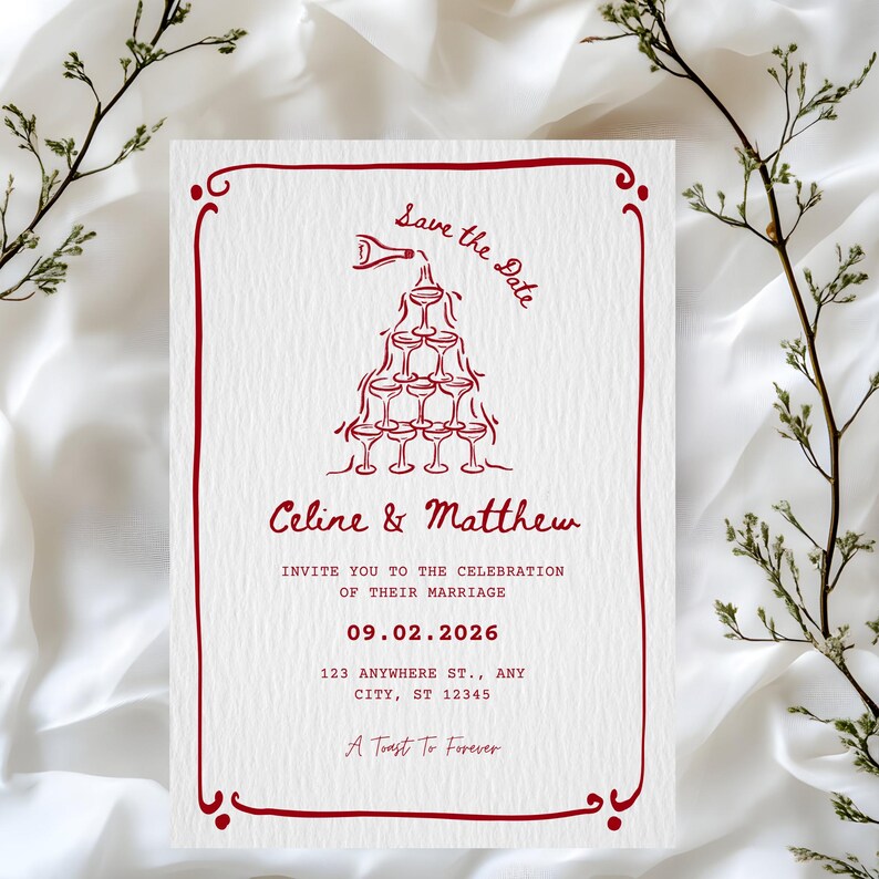 Red Doodle Wedding Invitation Template, Funky Wedding Invite Set ...