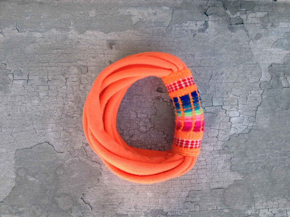 Neon Boho Bracelet, Neon Orange Chunky Bracelet, Peruvian Fabric, Soft ...