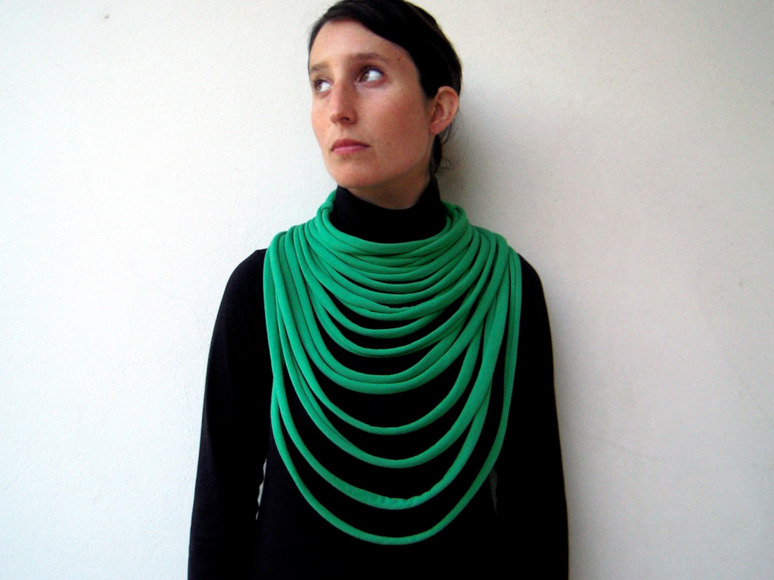 Green Cotton Infinity Scarf, Multistrand Statement Necklace, Long and ...