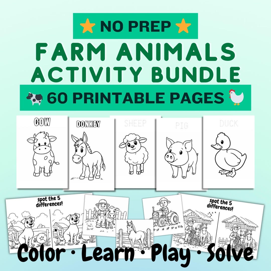 Farm Animals Activity Bundle | Preschool Coloring, Tracing, Games (no ...