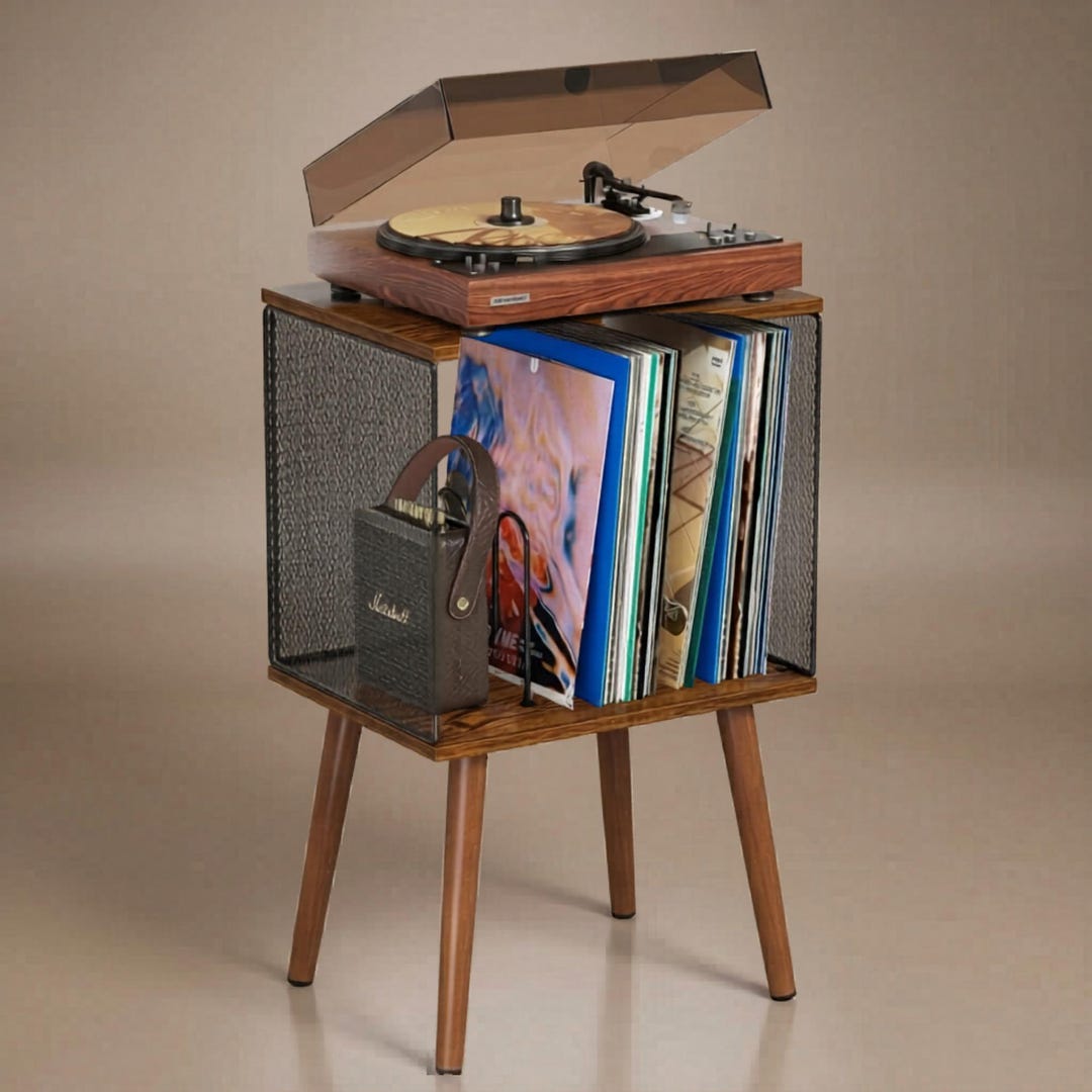 Retro Record Player Stand With Vinyl Storage, Turntable Table, LP Shelf ...