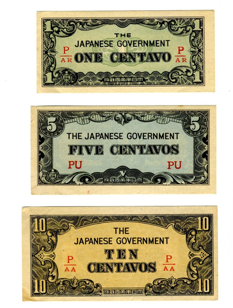 1942 Japanese Occupation Currency: Philippines WWII Centavo Banknotes ...