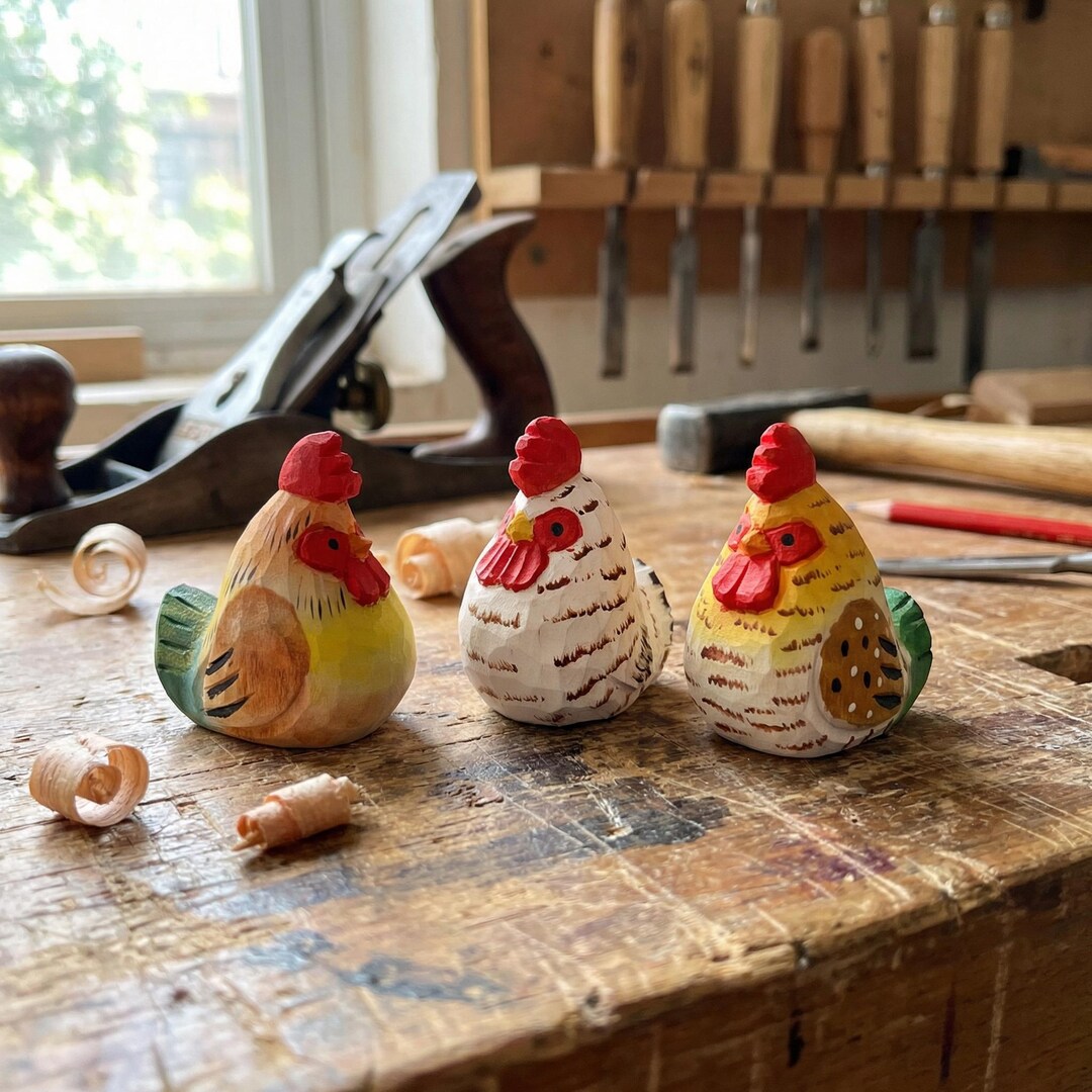 Hand Carved Wooden Chicken Figurines , Colorful Farmhouse Hen Decor - Etsy
