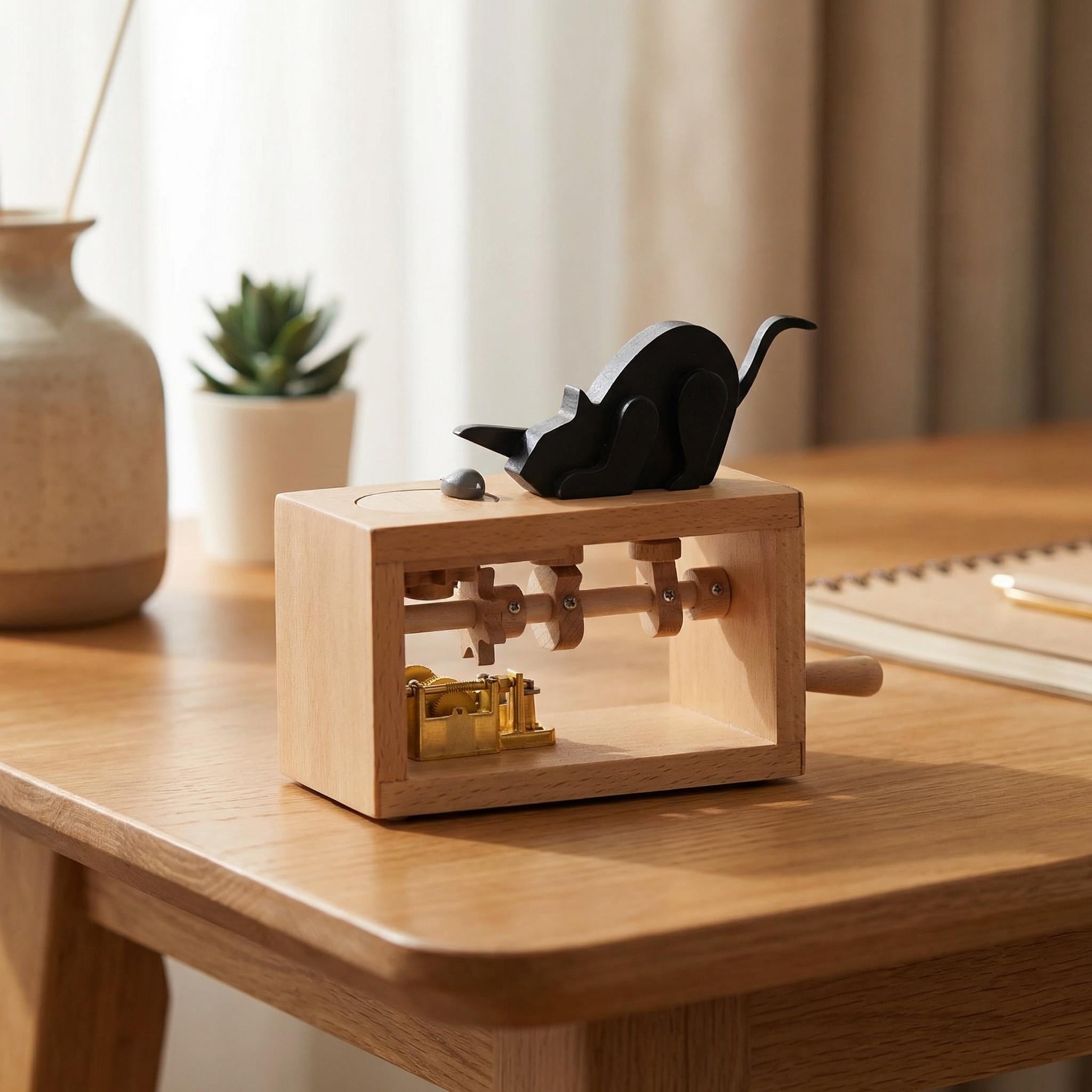 Wooden Cat Hand Crank Music Box, Mechanical Moving Automata - Etsy