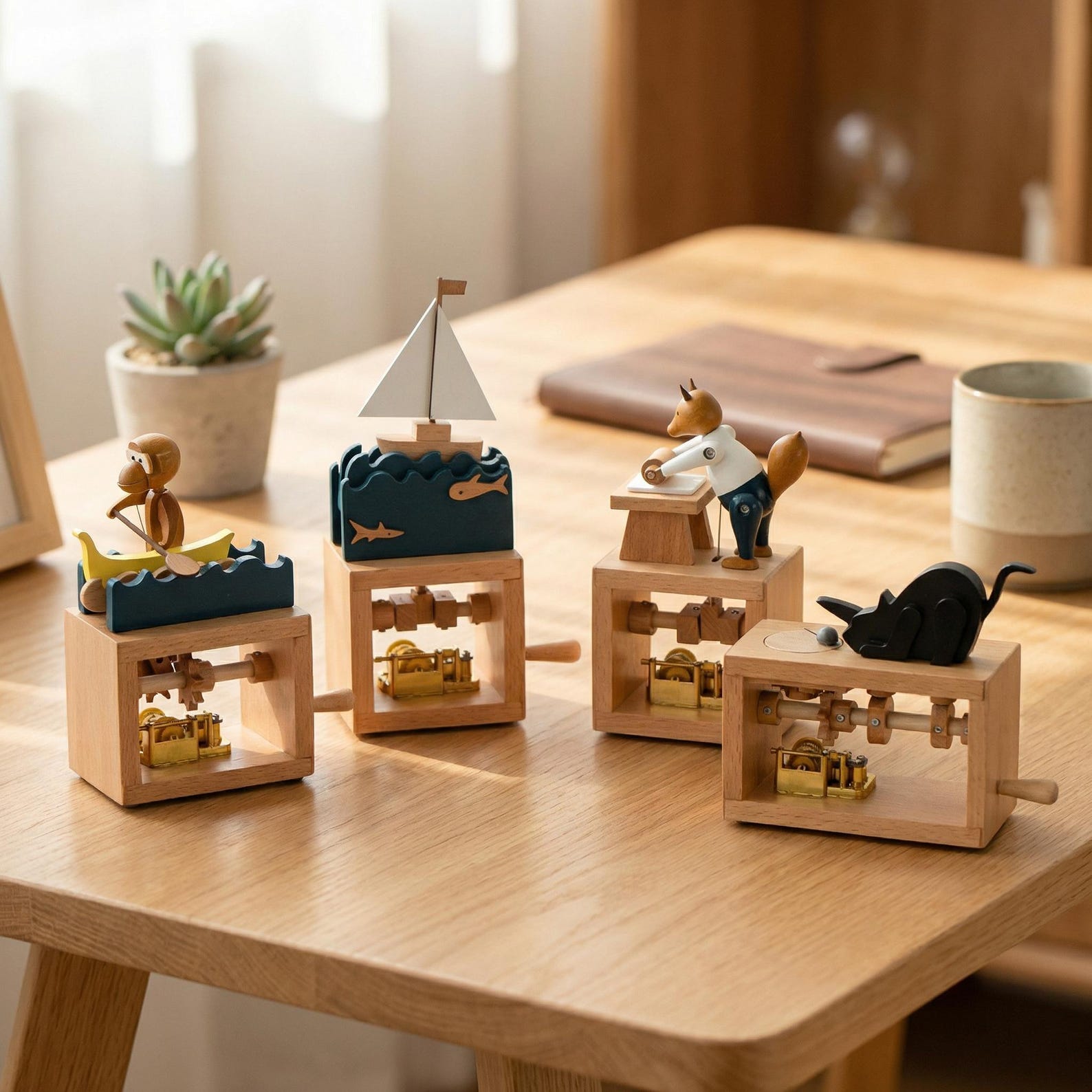 Wooden Cat Hand Crank Music Box, Mechanical Moving Automata - Etsy