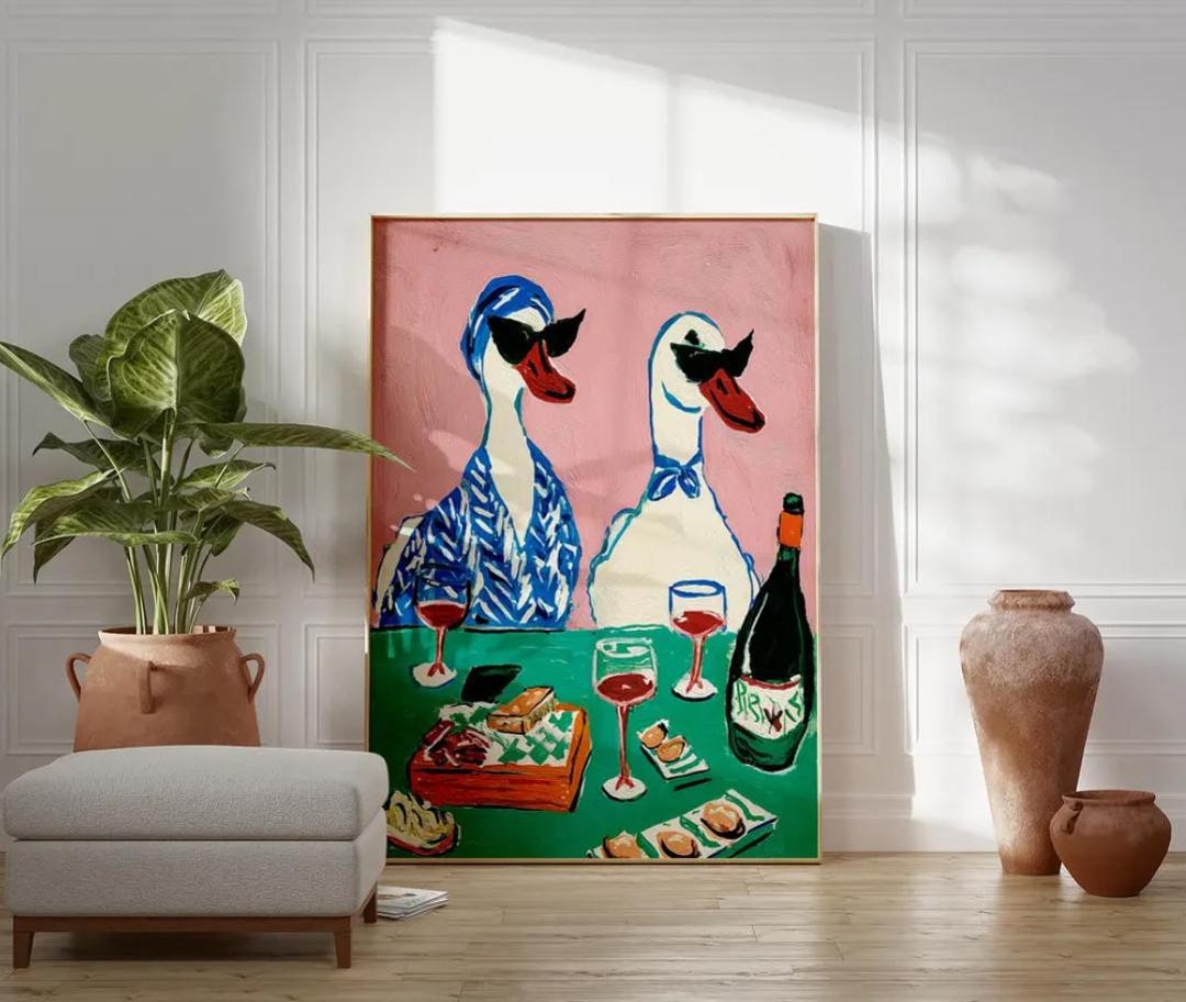 Chic Ducks Wine Poster, Maximalist Wall Art, Funny Animal Oil Painting ...