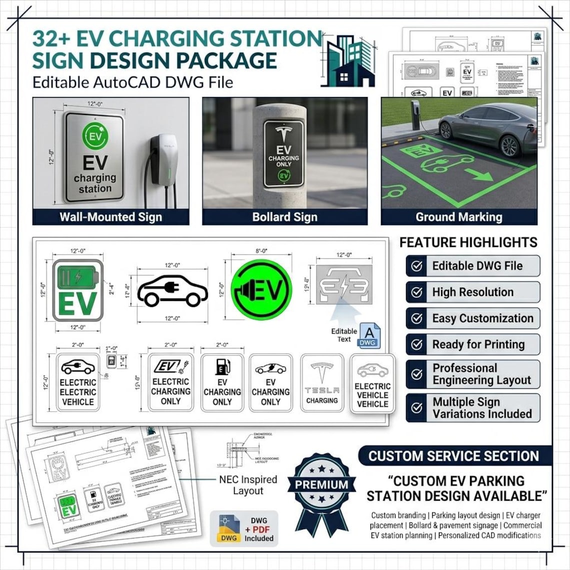 32 EV Charging Station Sign CAD Blocks | Pavement & Bollard Stencils ...