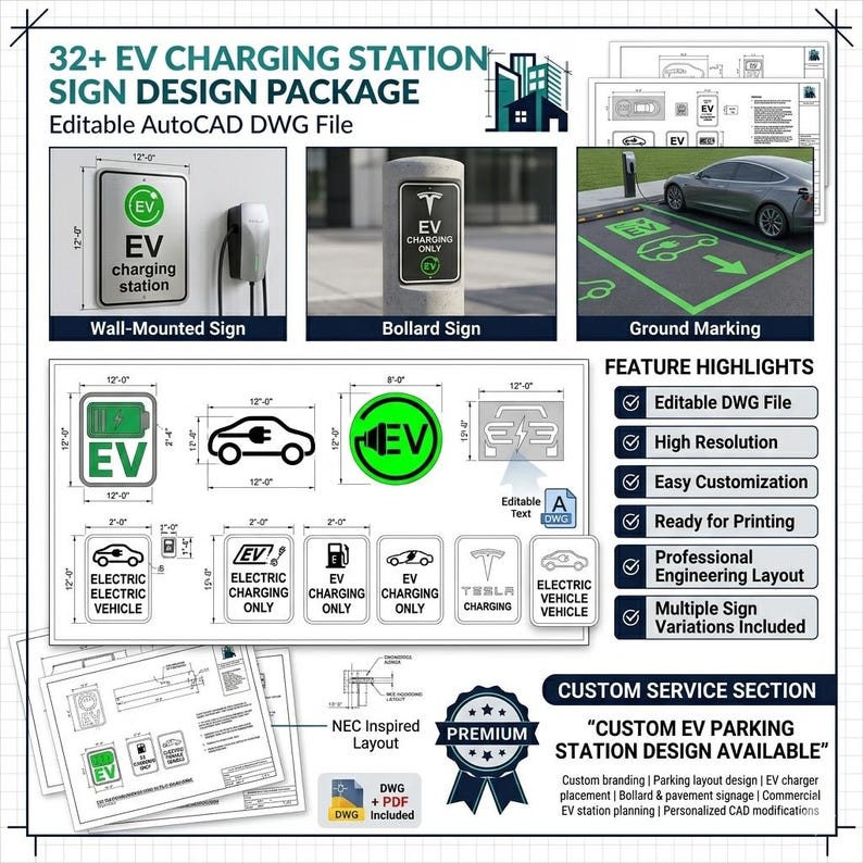 32 EV Charging Station Sign CAD Blocks | Pavement & Bollard Stencils ...