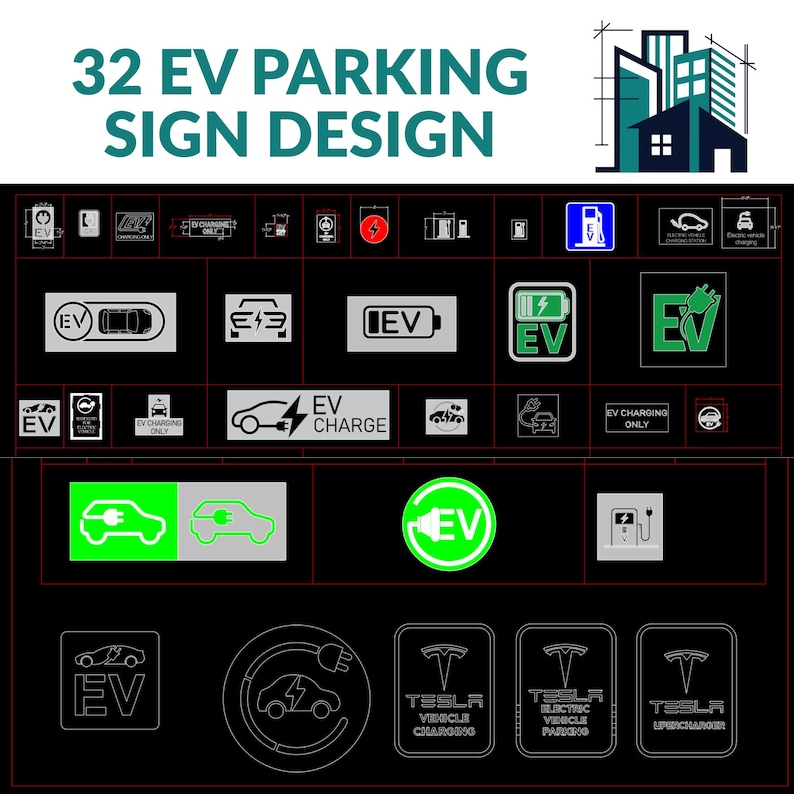 32 EV Charging Station Sign CAD Blocks | Pavement & Bollard Stencils ...