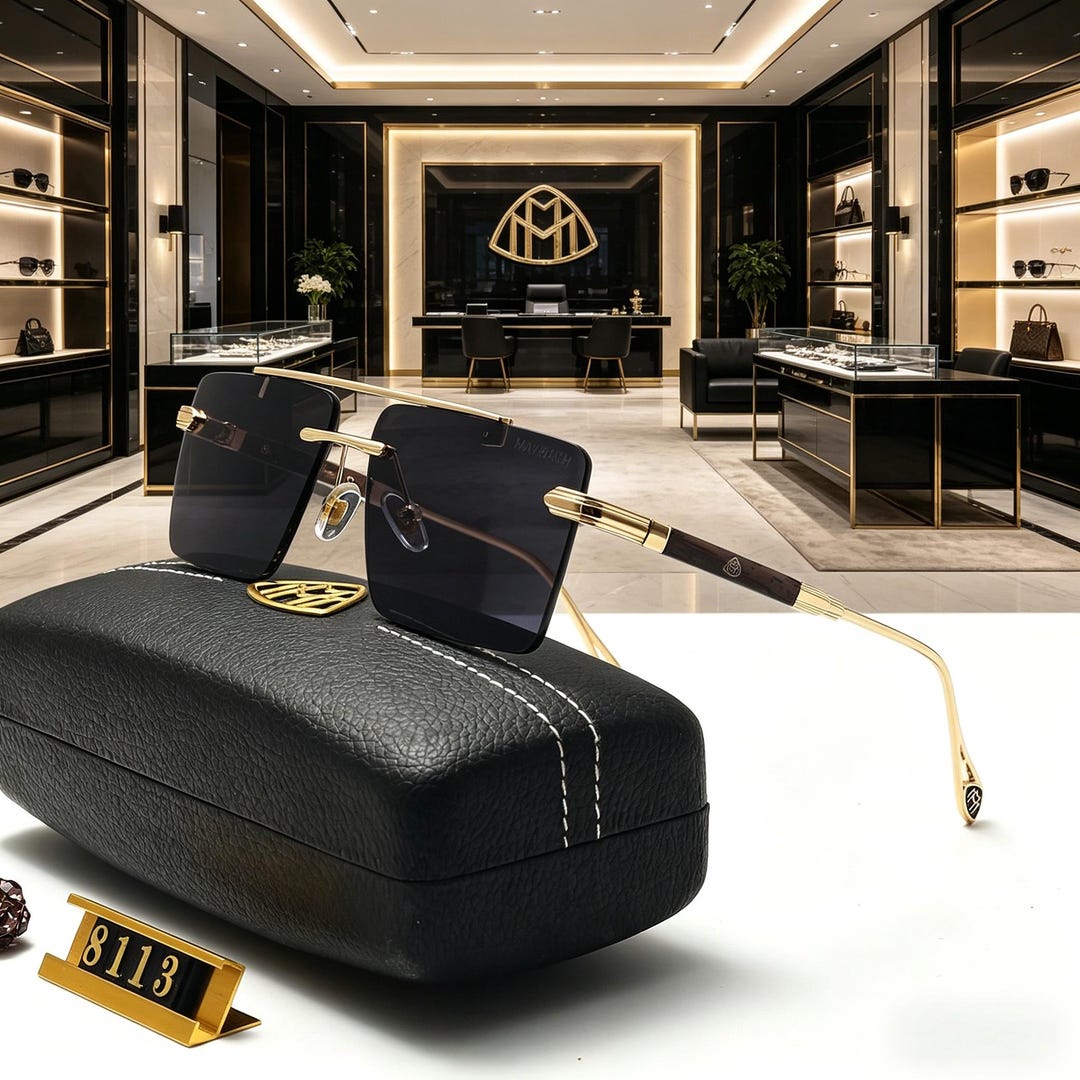 Luxury Maybach Style Rimless Sunglasses, Gold Frame Gradient Blue Green ...