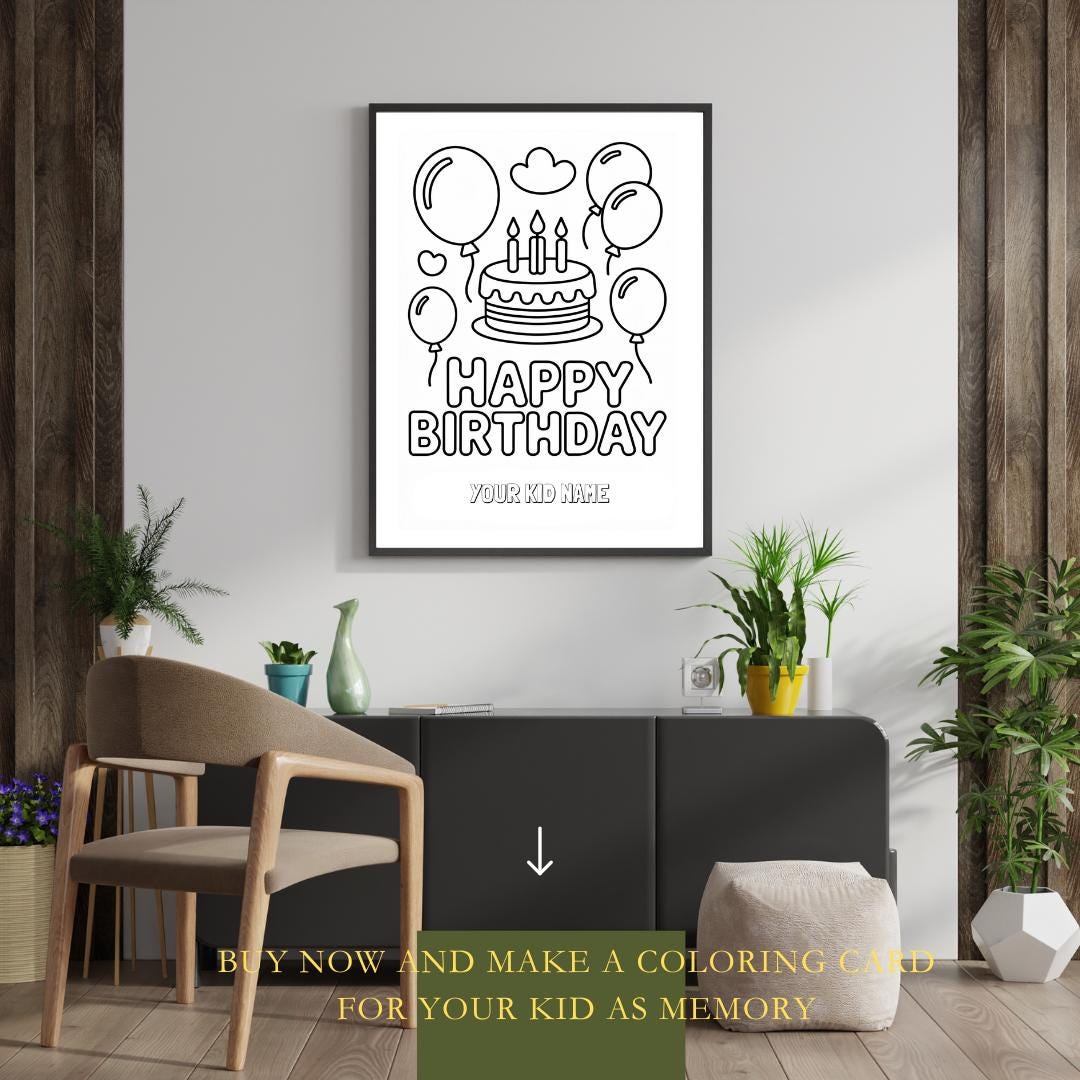 Happy Birthday Coloring Card | Kids Birthday Cake Balloons (digital ...