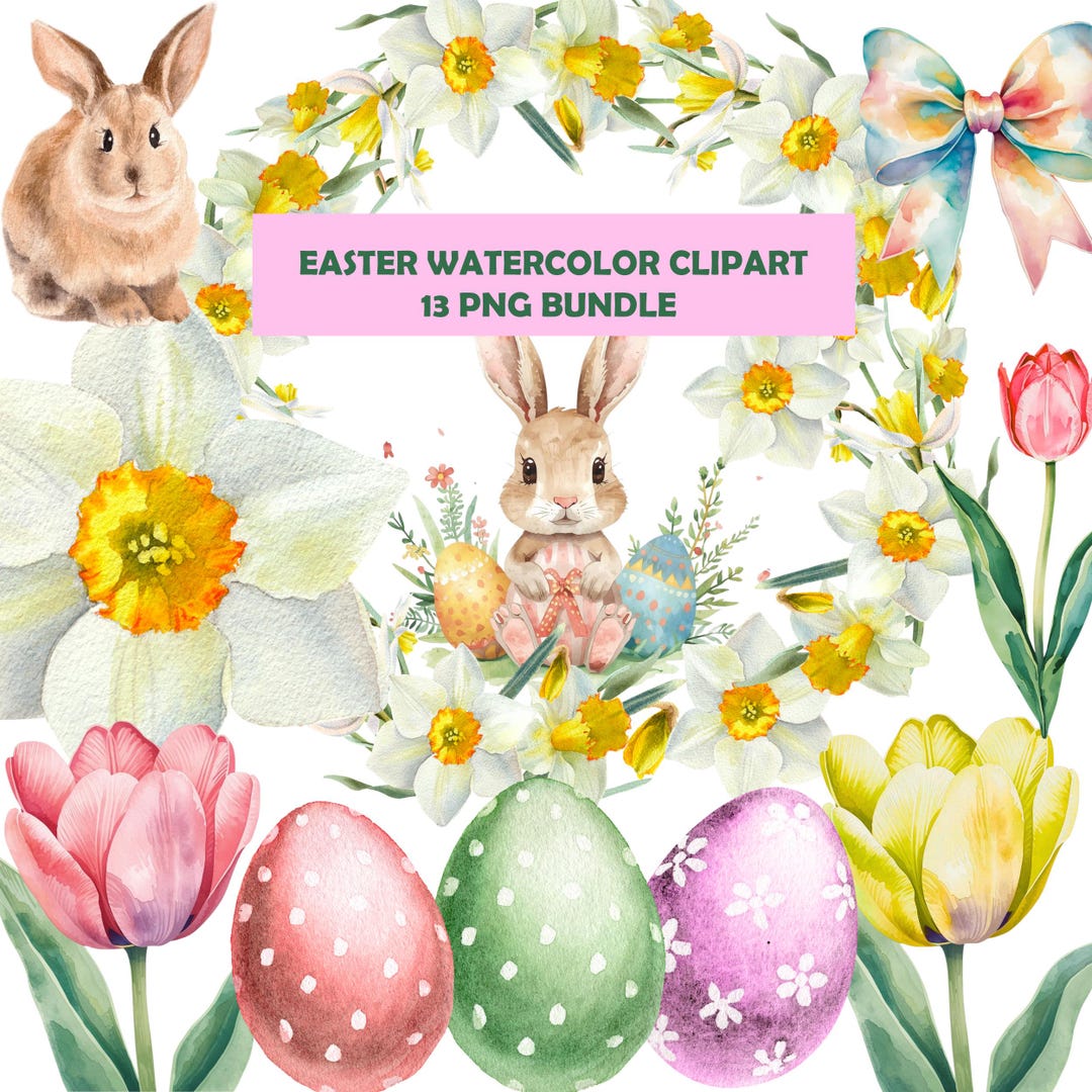 Easter Watercolor Clipart Bundle, Bunny, Eggs, Tulips (digital Download ...