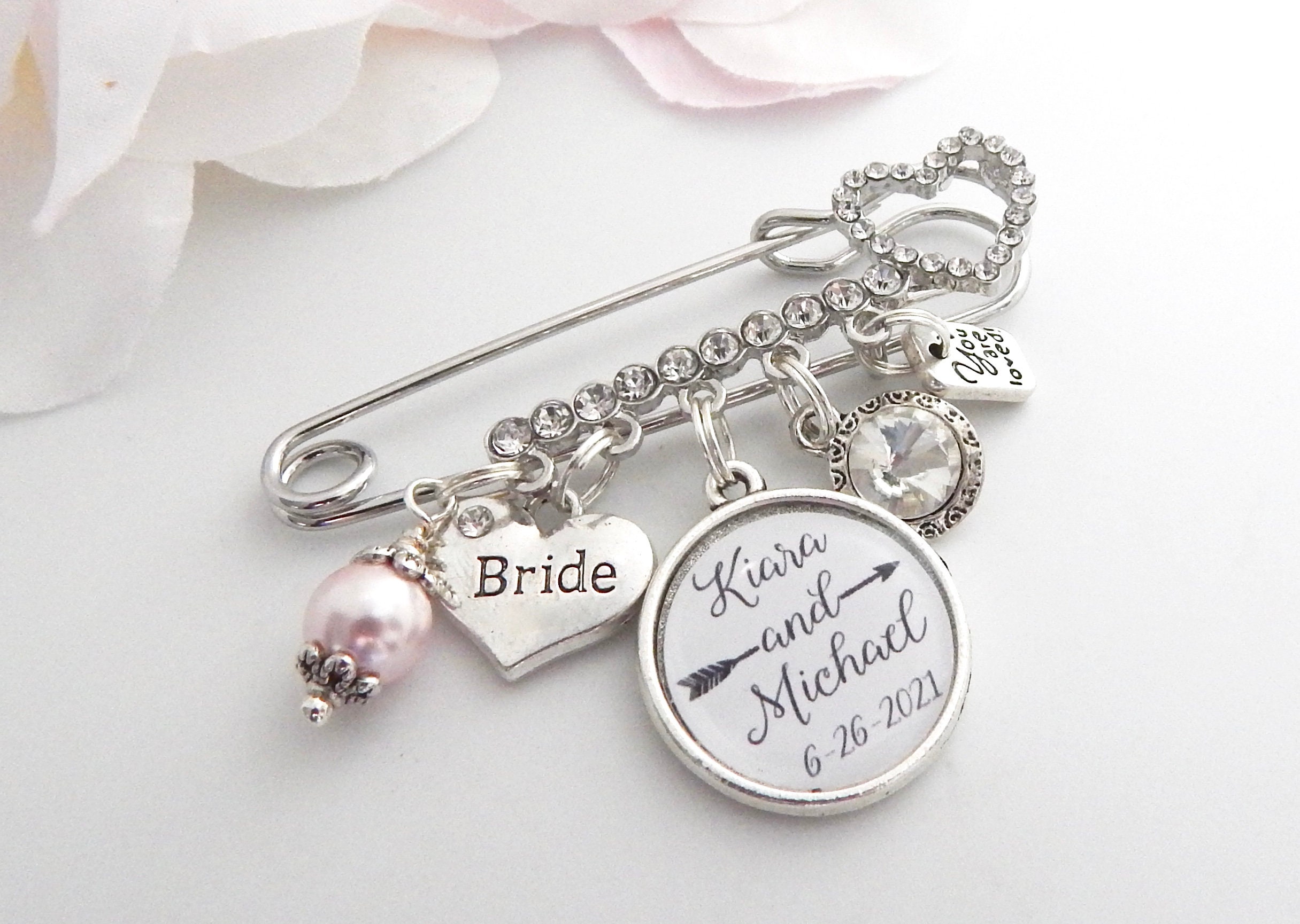 Personalized Bridal Pin, Bridal Bouquet Charm, Rhinestone Wedding Charm ...