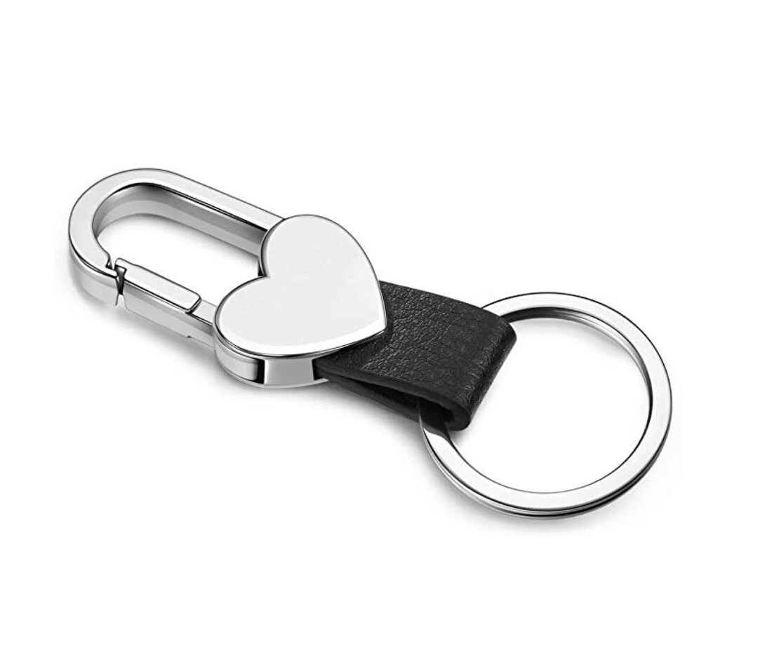 Black Leather Heart Keychain - Keyring With Stainless Steel Heart ...