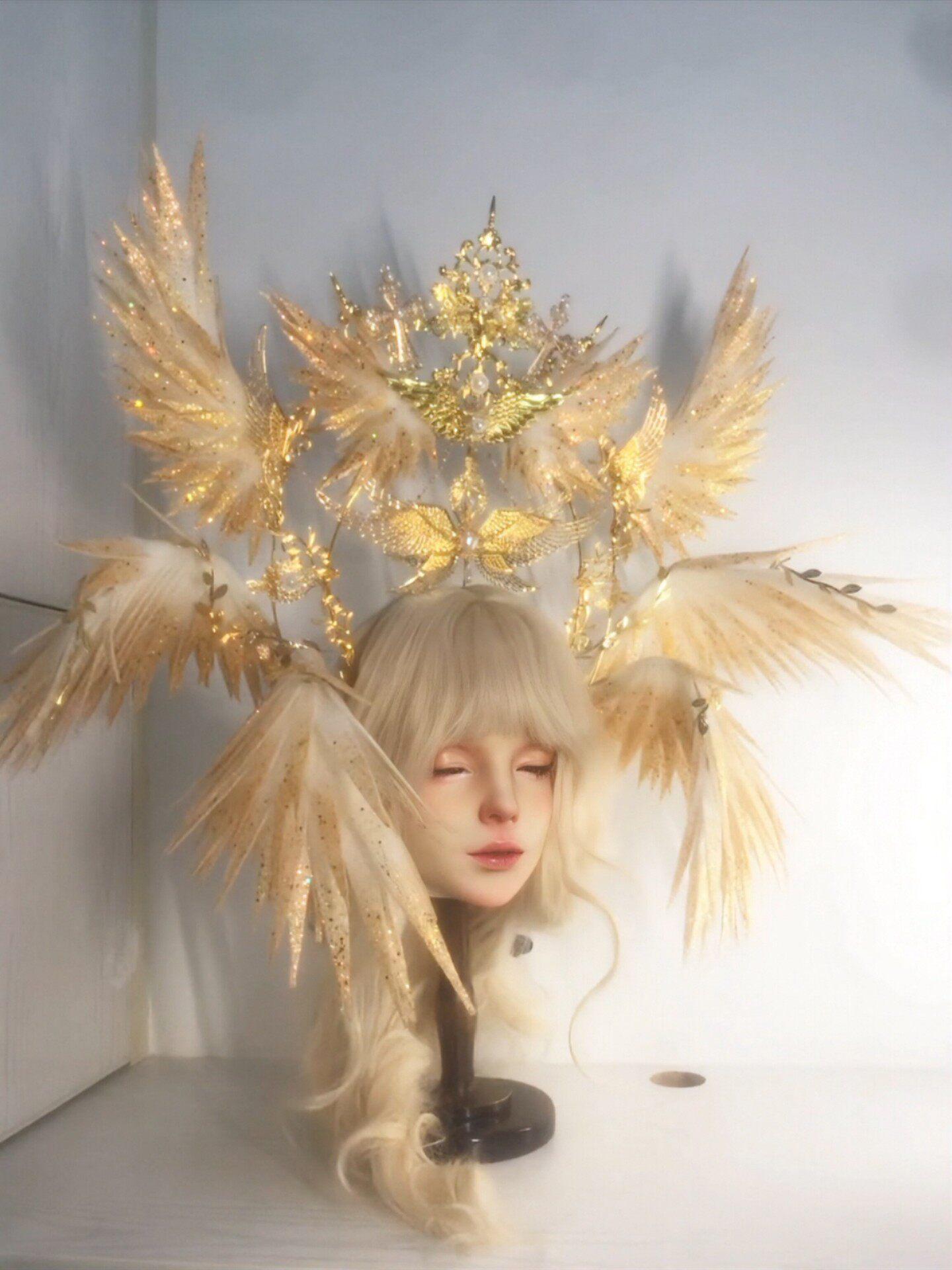 Golden Angel Wing Crown Headpiece, Baroque Feather Halo Headdress ...