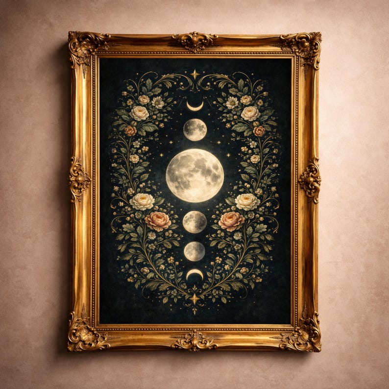 Moon Phases Wall Art Print, Dark Academia Decor, Botanical Moon Poster ...