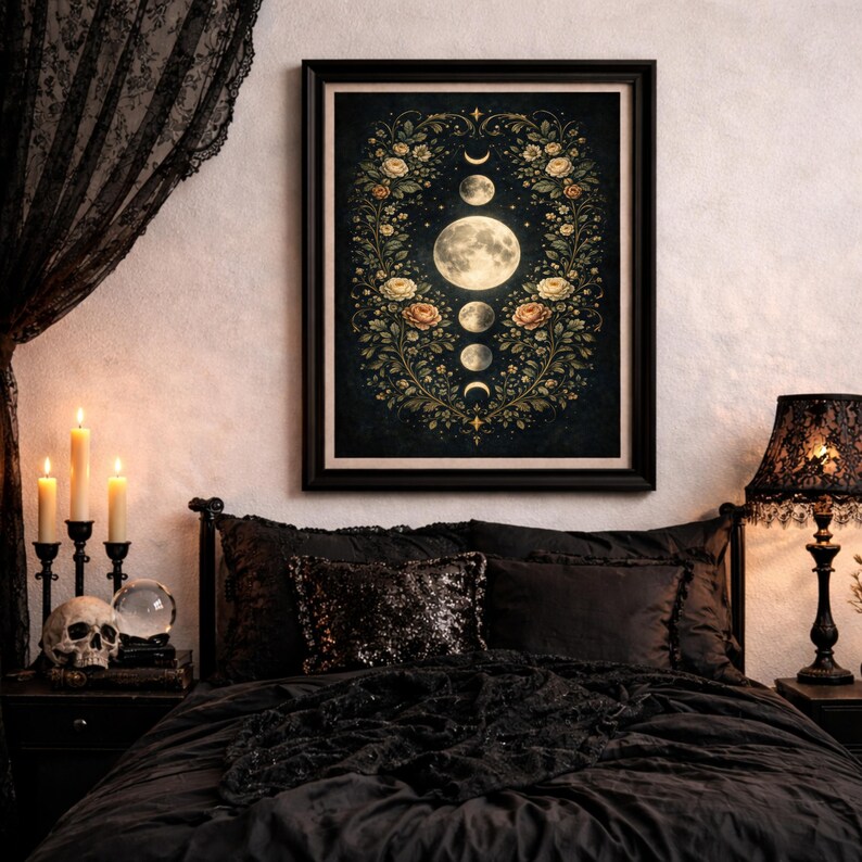 Moon Phases Wall Art Print, Dark Academia Decor, Botanical Moon Poster ...