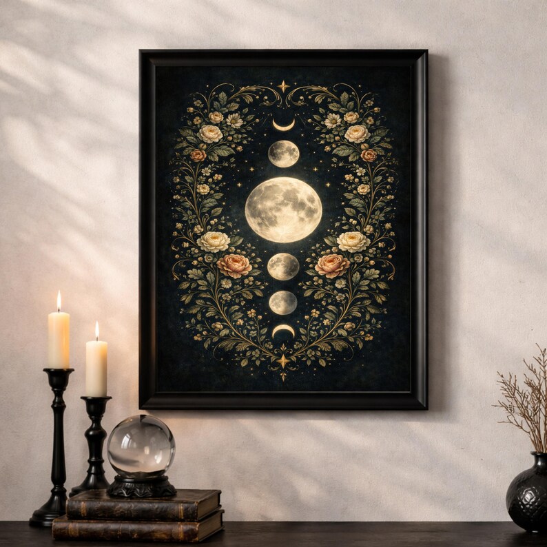 Moon Phases Wall Art Print, Dark Academia Decor, Botanical Moon Poster ...