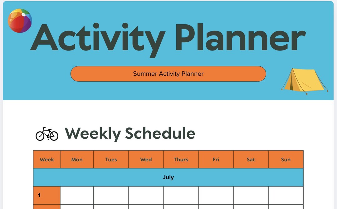 Summer Activity Planner for Children – Printable PDF (colour + Black ...