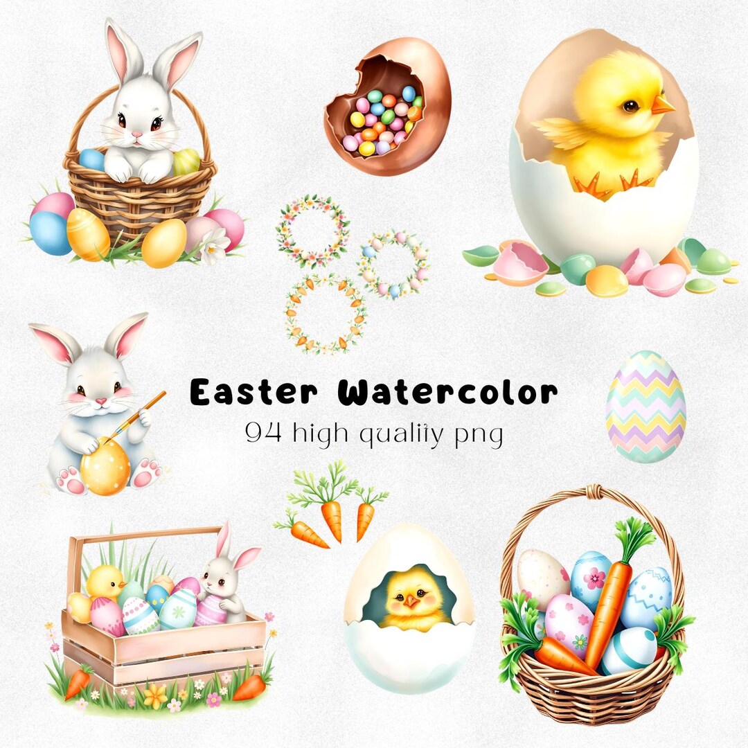 Easter Watercolor Clipart Bundle 96 PNG Cute Bunny Eggs Basket Flowers ...