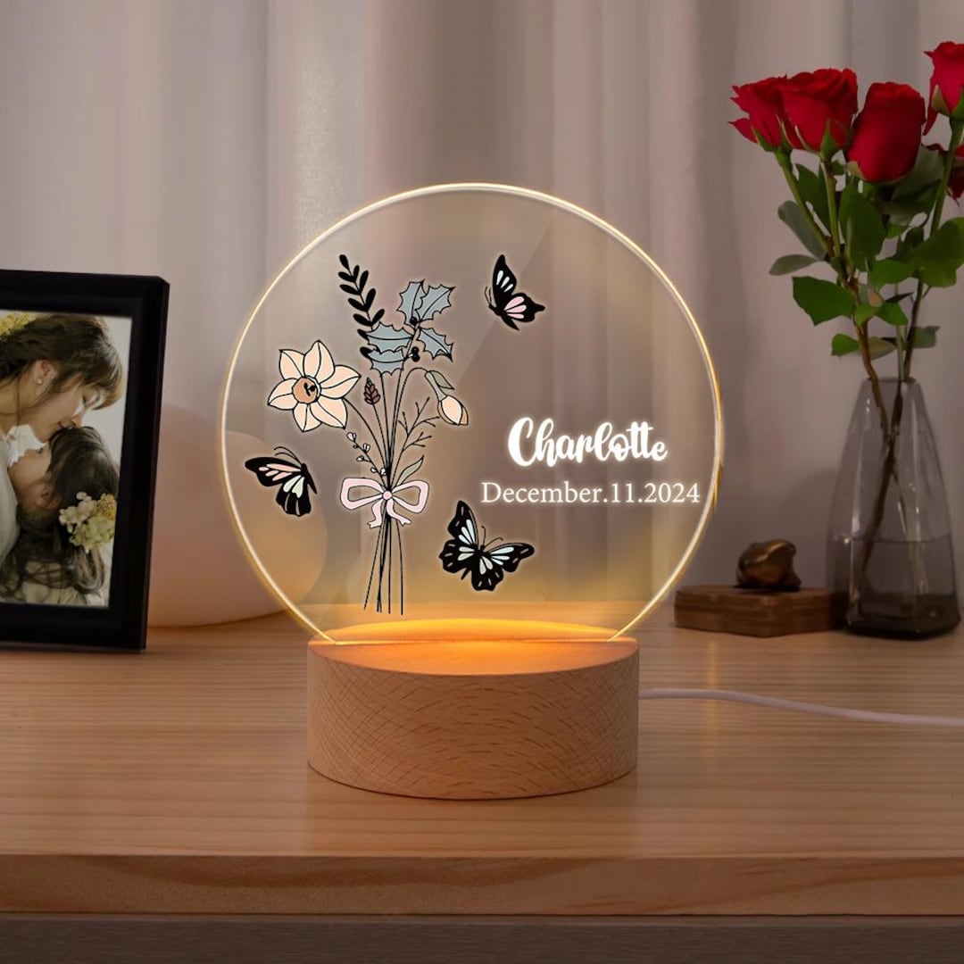 Personalized Birth Flower LED Night Light Acrylic Lamp With Wooden Base ...