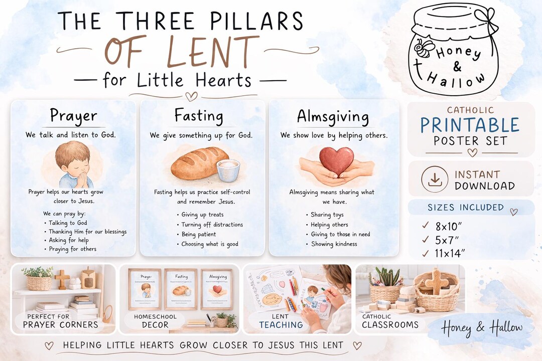 Catholic Lent Posters for Kids | Prayer Fasting Almsgiving | Three ...
