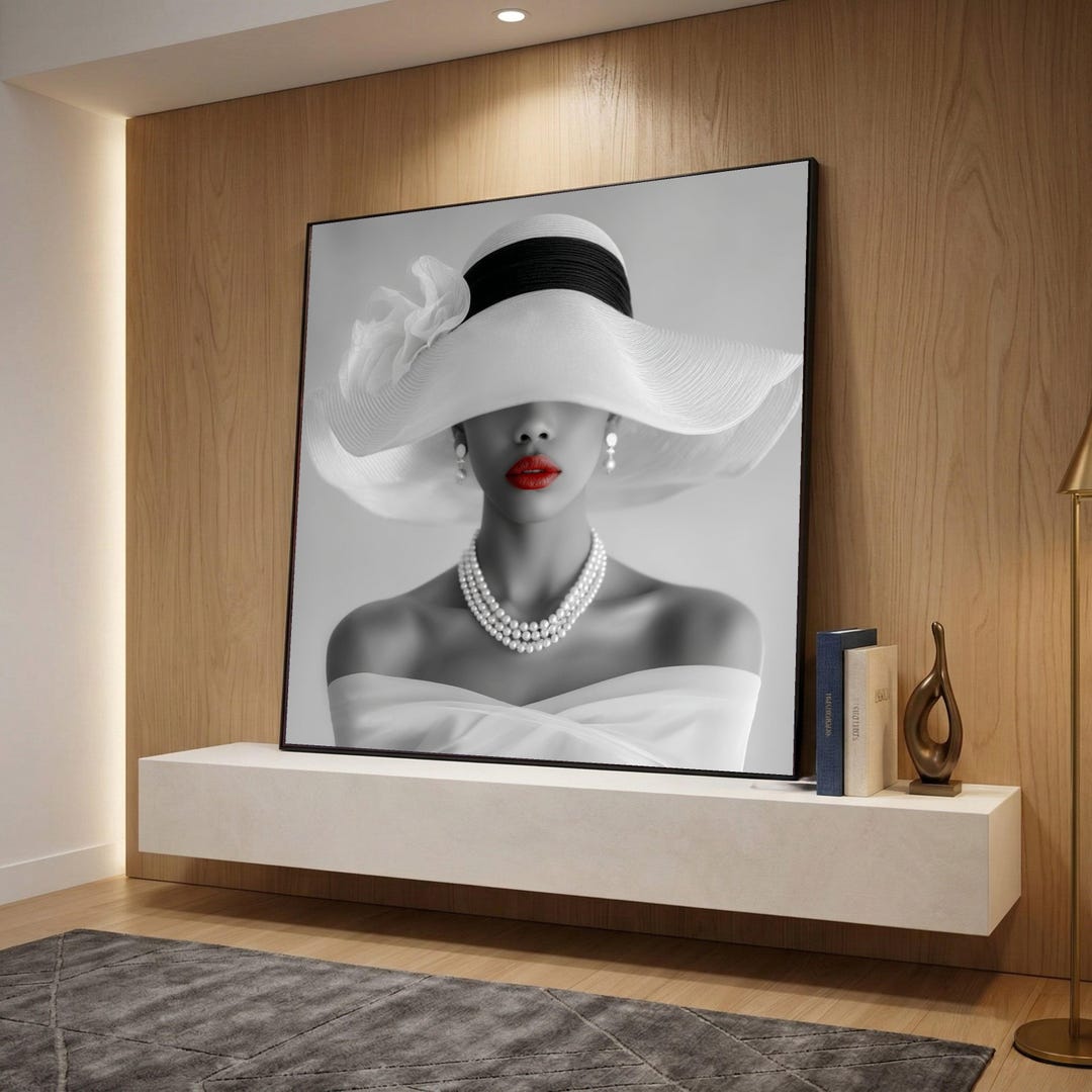 Elegant Woman in Wide Brim Hat Canvas, Black and White Portrait Art ...
