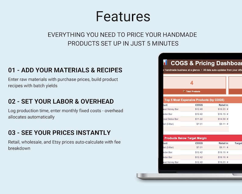 Handmade Business COGS Preisrechner | Google Sheets Excel Vorlage - Etsy.de