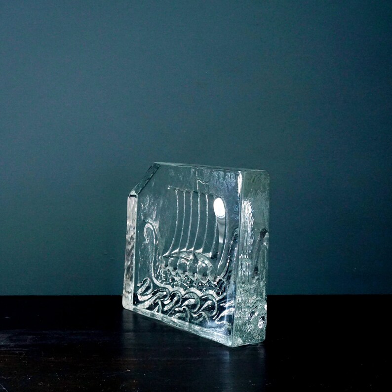 Vintage Viking Ship Glass Block Iceberg Large Clear Paperweight ...