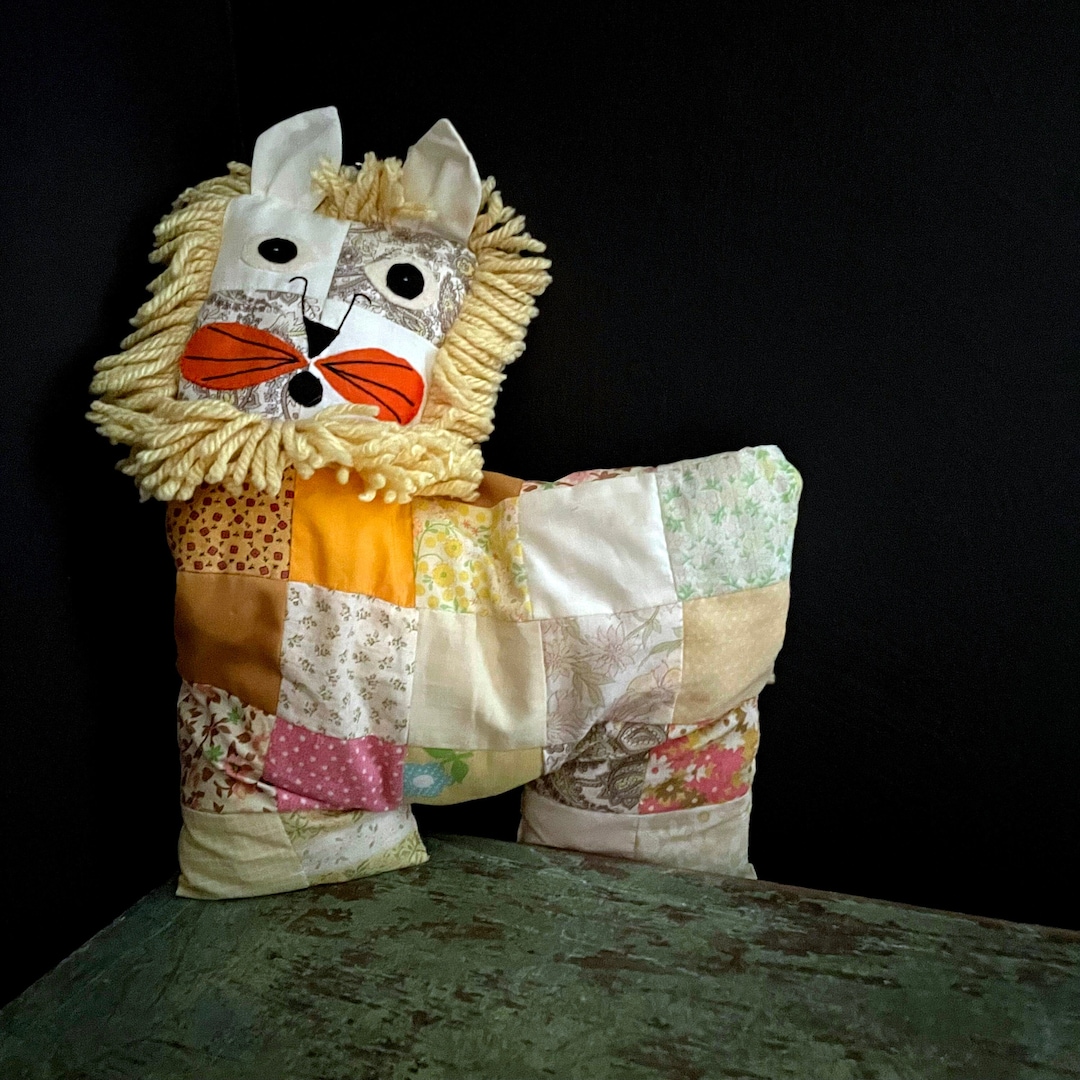 Vintage Lion Patchwork Stuffed Animal Handmade OOAK Quilted Lion Yellow ...