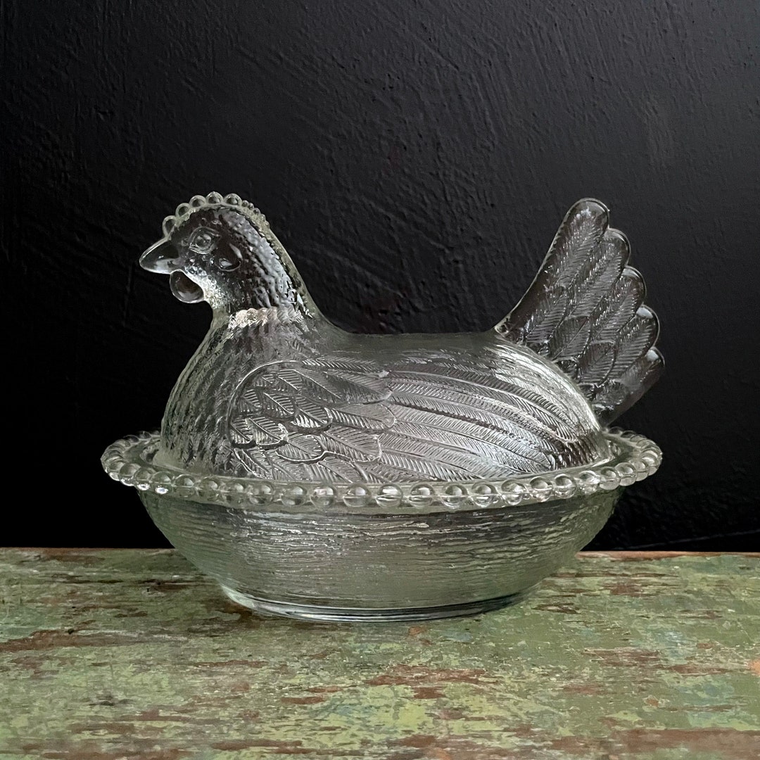 Vintage Chicken Dish Clear Glass Hen on Nest Covered Dish Large Chicken ...