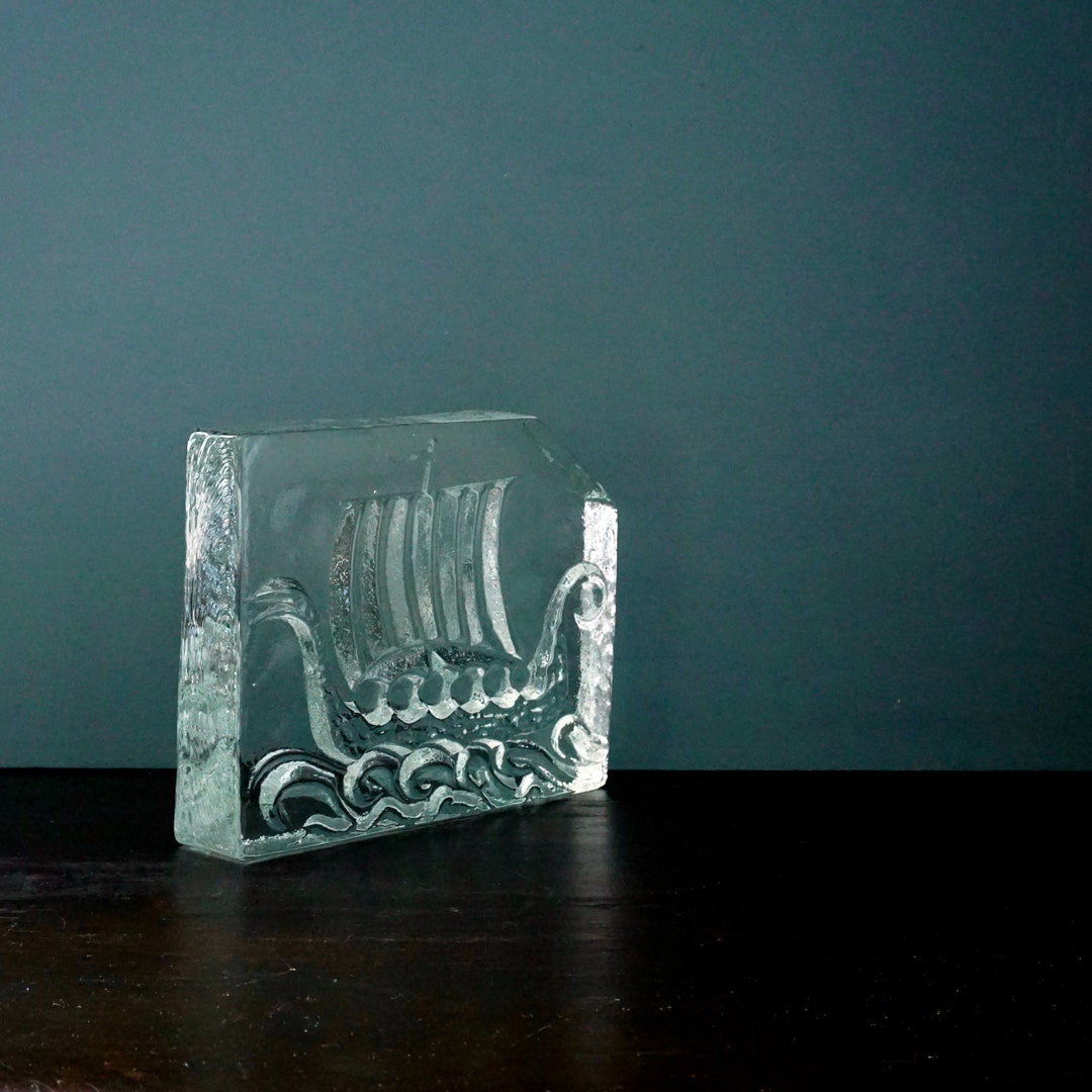 Vintage Viking Ship Glass Block Iceberg Large Clear Paperweight ...