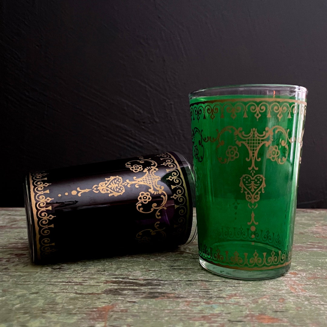 Vintage Moroccan Tea Glass Set of Two Purple With Gold and Green ...
