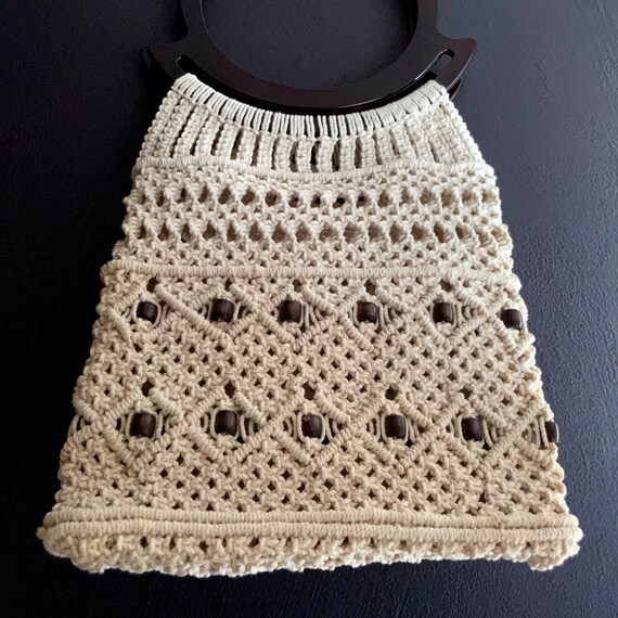Vintage Macrame Purse White with Dark Wood Beads Croc… - Gem