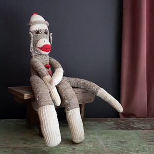 Vintage Sock Monkey Large Big Eyed Handmade Monkey Hand Stitched Wistful Eyes Eyelashes Pom Pom ...