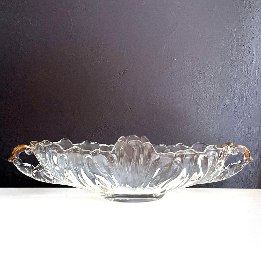 Vintage Glass Vase Oblong Scalloped Vase Handles Gold Rim Clear Glass ...