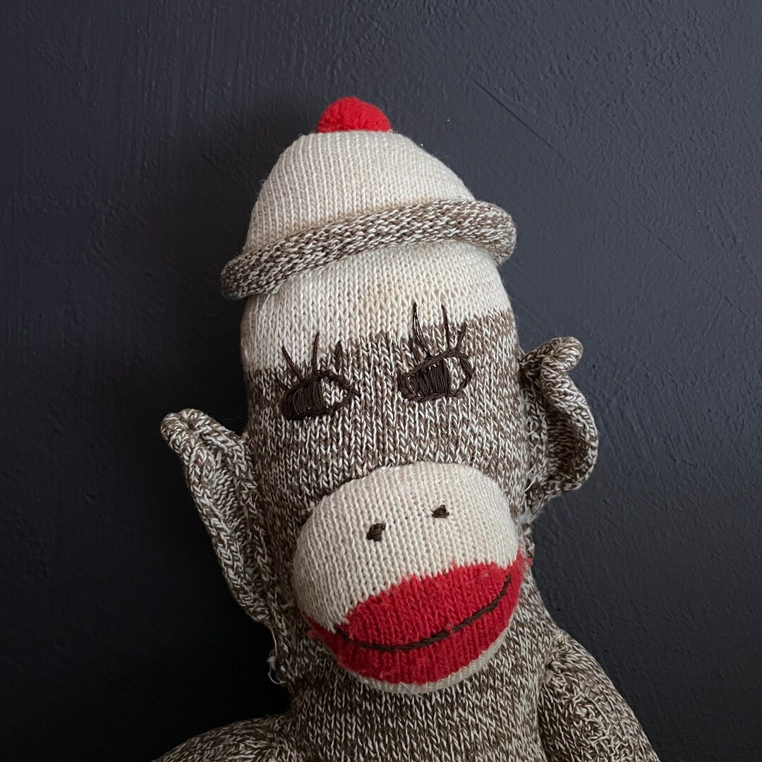 Vintage Sock Monkey Large Big Eyed Handmade Monkey Hand Stitched ...