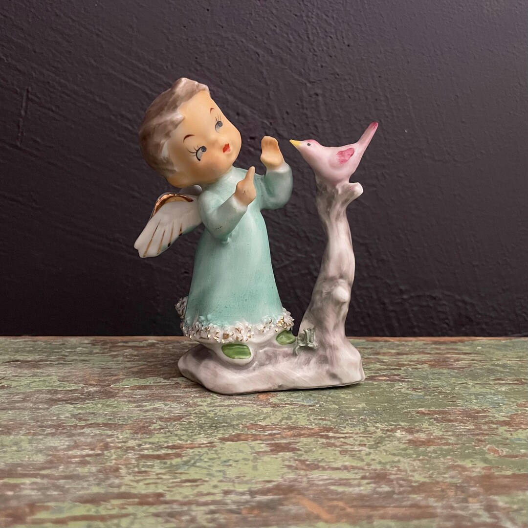 Vintage Angel Statue Bisque Porcelain Girl Angel in Aqua Blue Dress ...