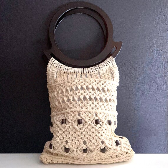Vintage Macrame Purse White with Dark Wood Beads Croc… - Gem