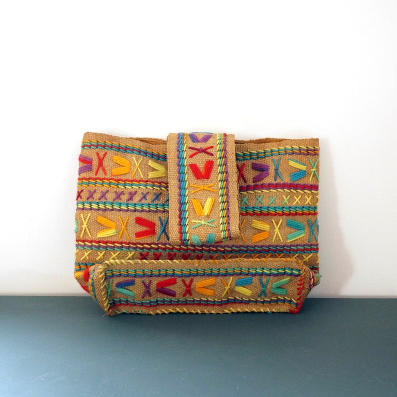 Vintage Handbag Rainbow Woven Purse Crewelwork Multicolor Yarn Beige ...