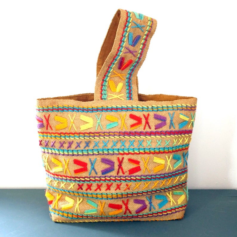 Vintage Handbag Rainbow Woven Purse Crewelwork Multicolor Yarn Beige ...