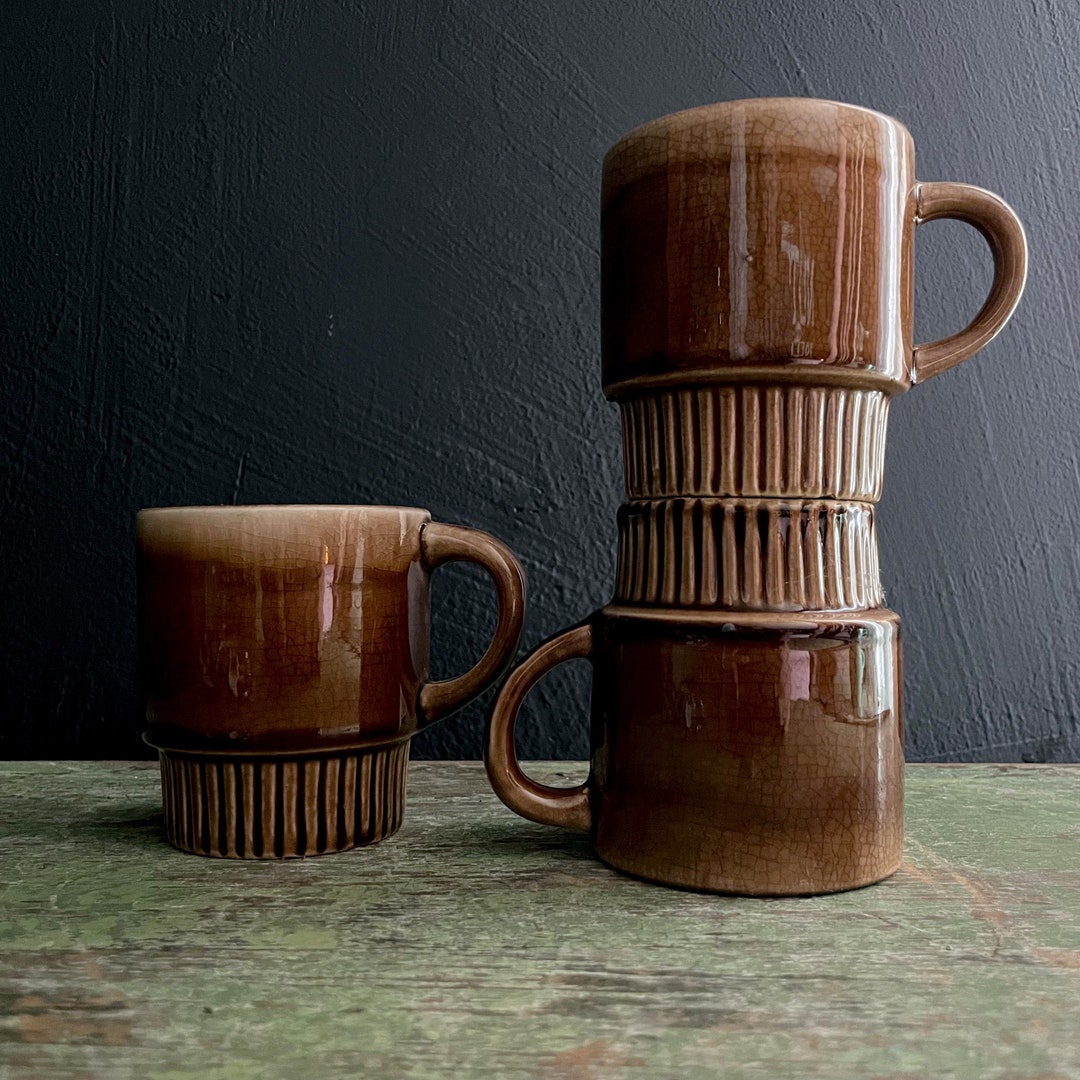 Vintage Stackable Mugs Brown Drip Mug Set of 3 Pinkish Beige Glaze ...