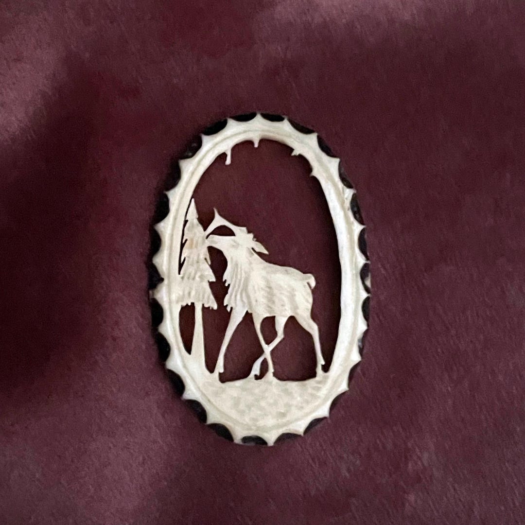 Antique Carved Elk Antler Embellishment Oval Stag With Pine Tree ...
