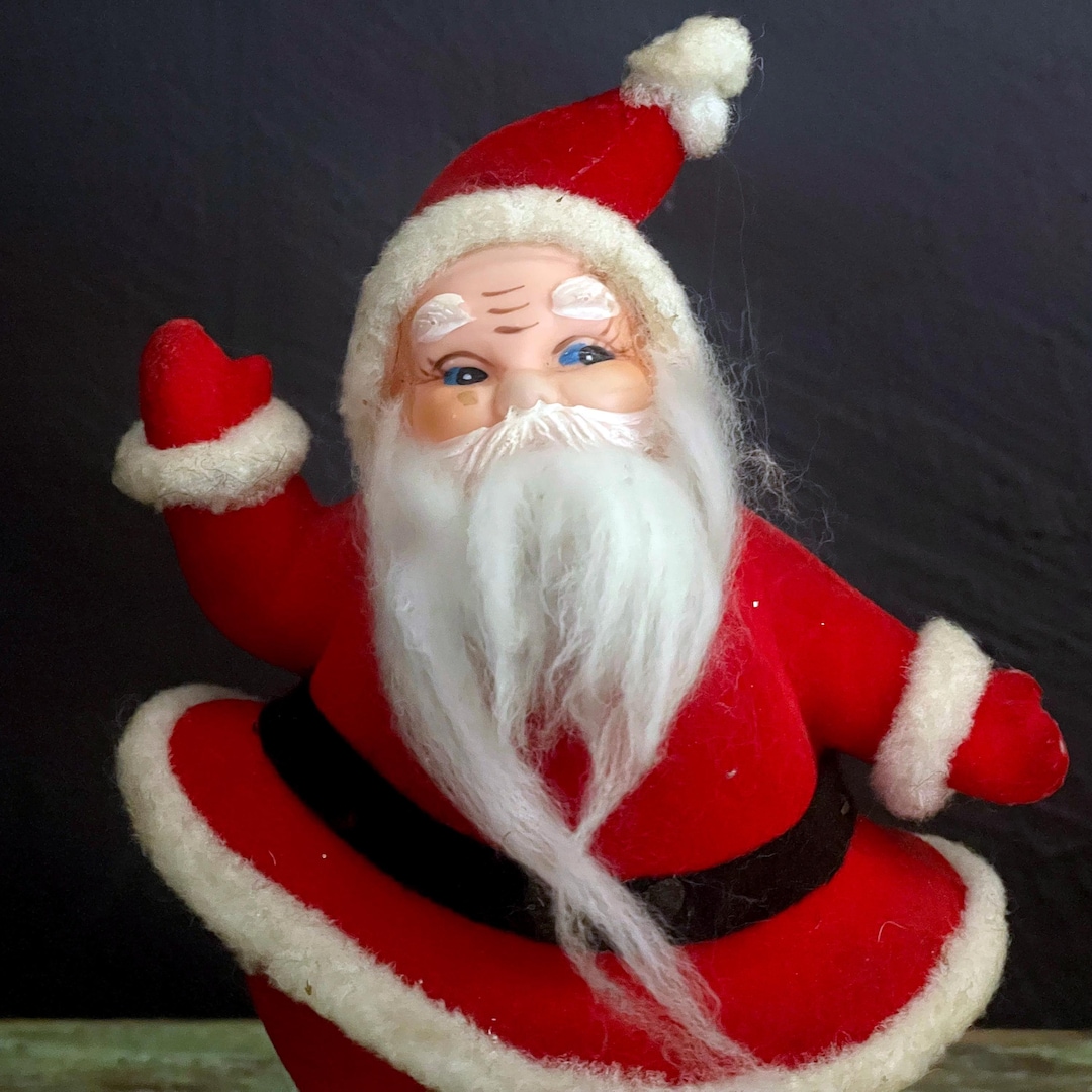 Vintage Santa Figurine Red Flocked Suited Santa Claus Dancing on One ...