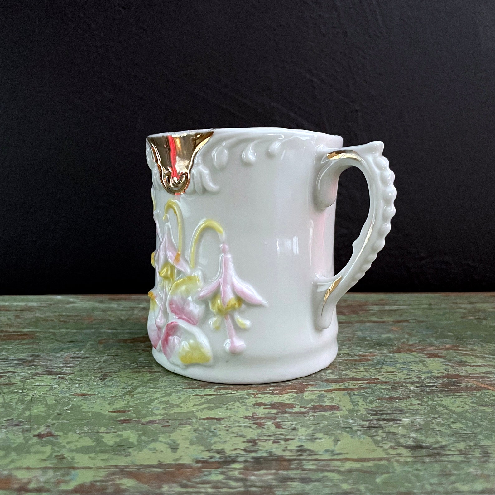 Antique Moustache Mug Embossed Flowers Bleeding Hearts Pink Yellow Gold ...